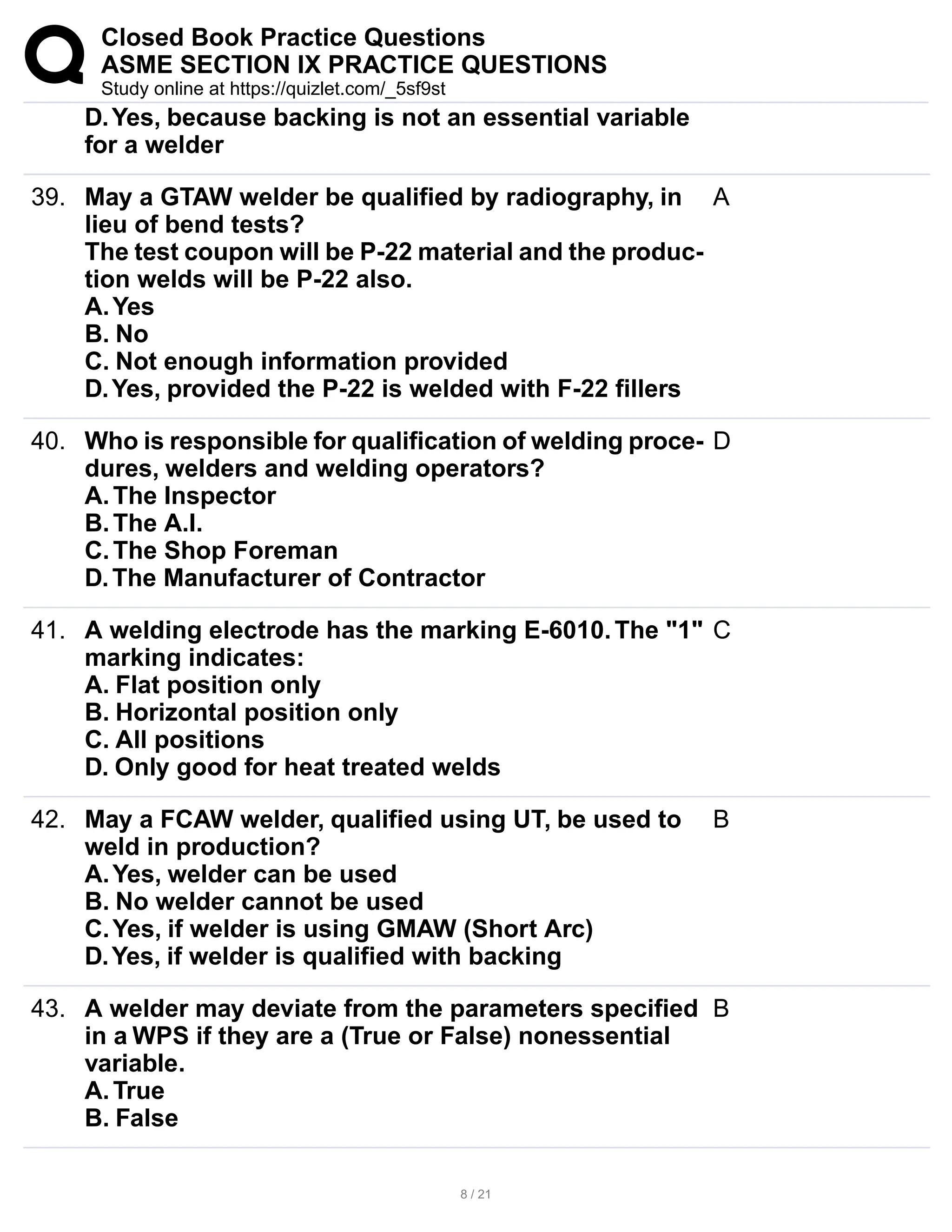 ASME IX_PRACTICE QUESTIONS_Closed Book question | PDF