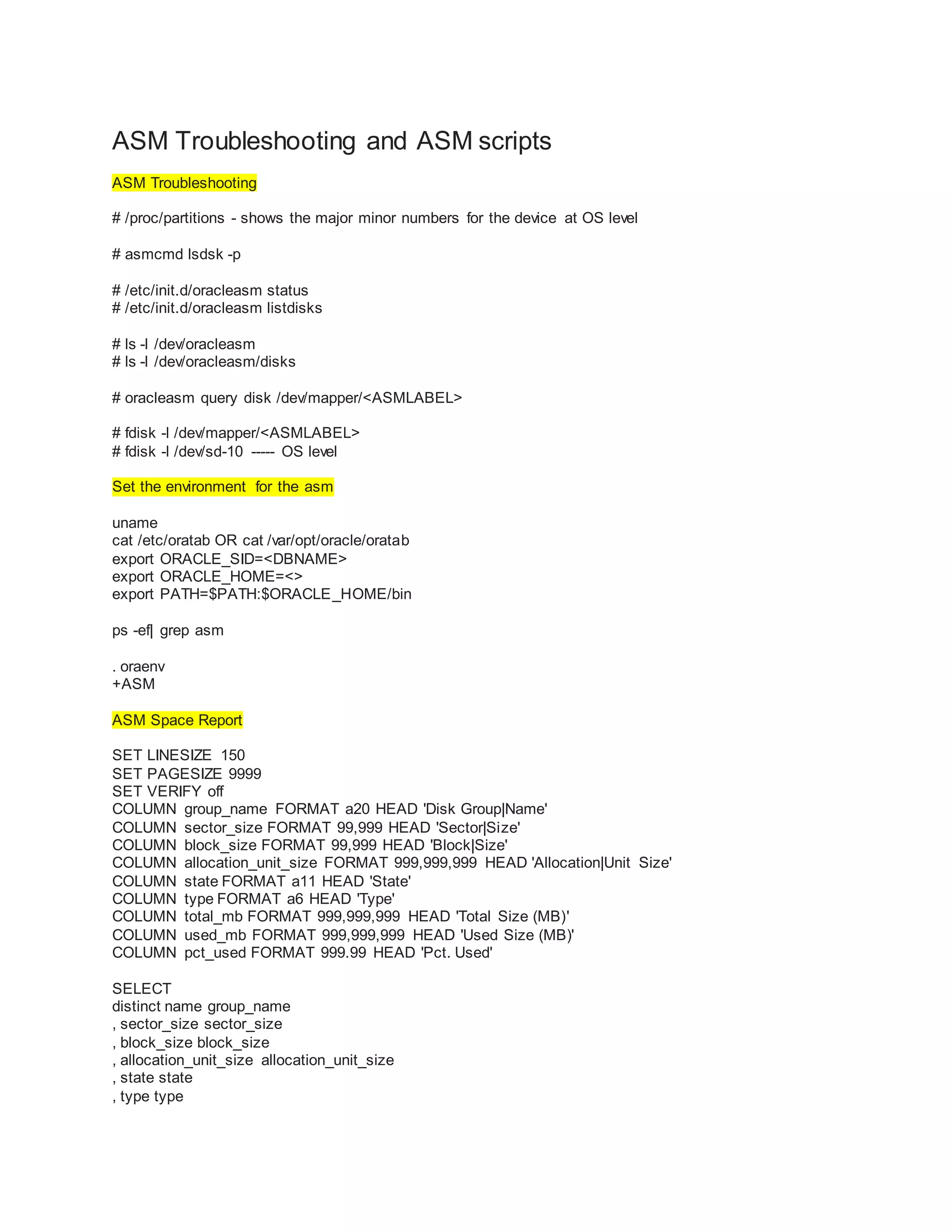 Asm troubleshooting and asm scripts | DOCX