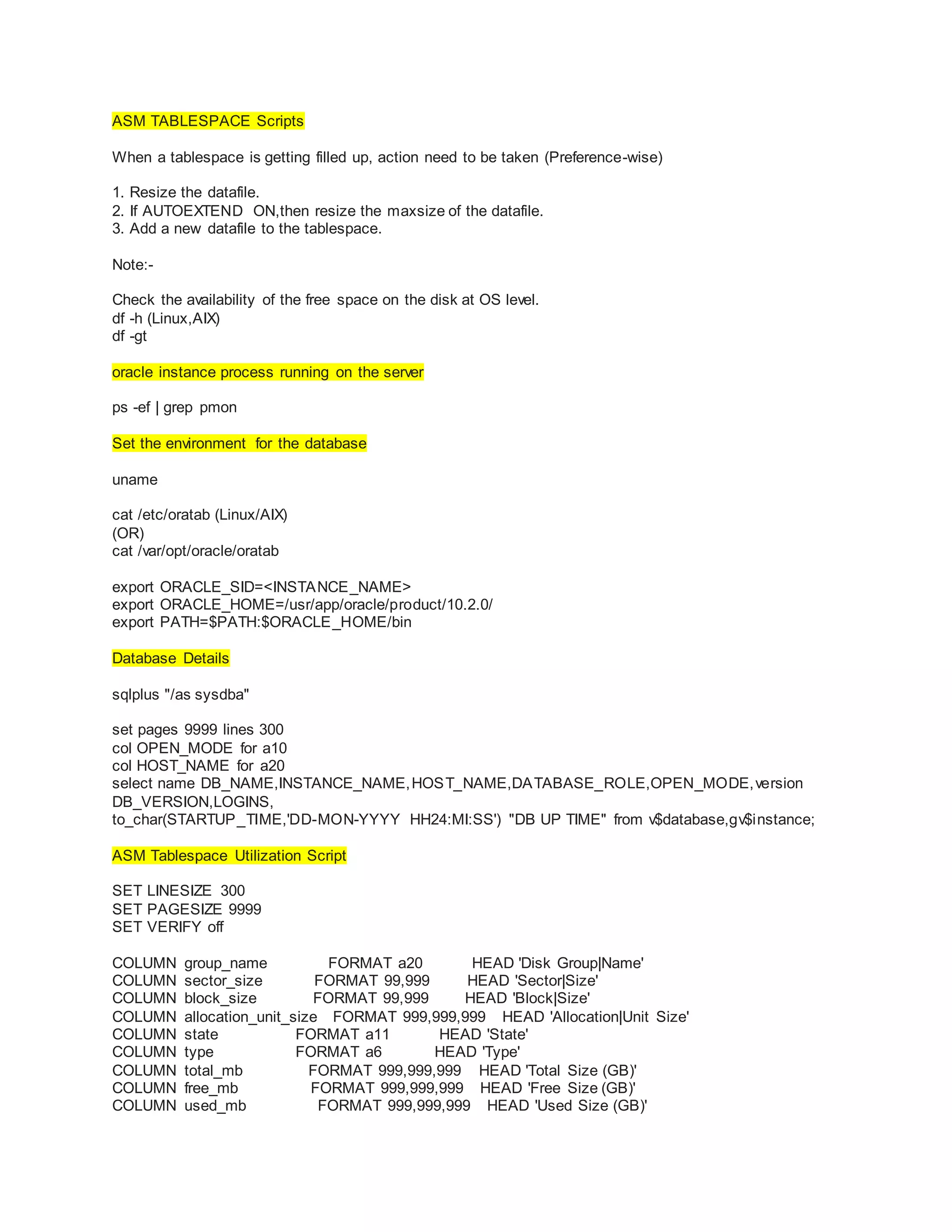Asm troubleshooting and asm scripts | DOCX