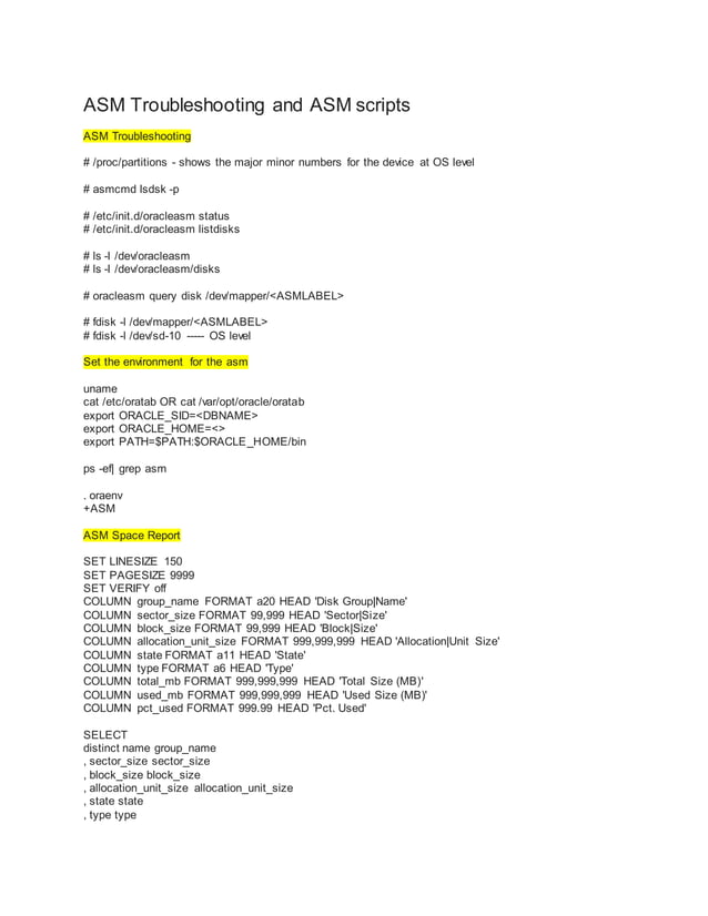 Asm troubleshooting and asm scripts | DOCX