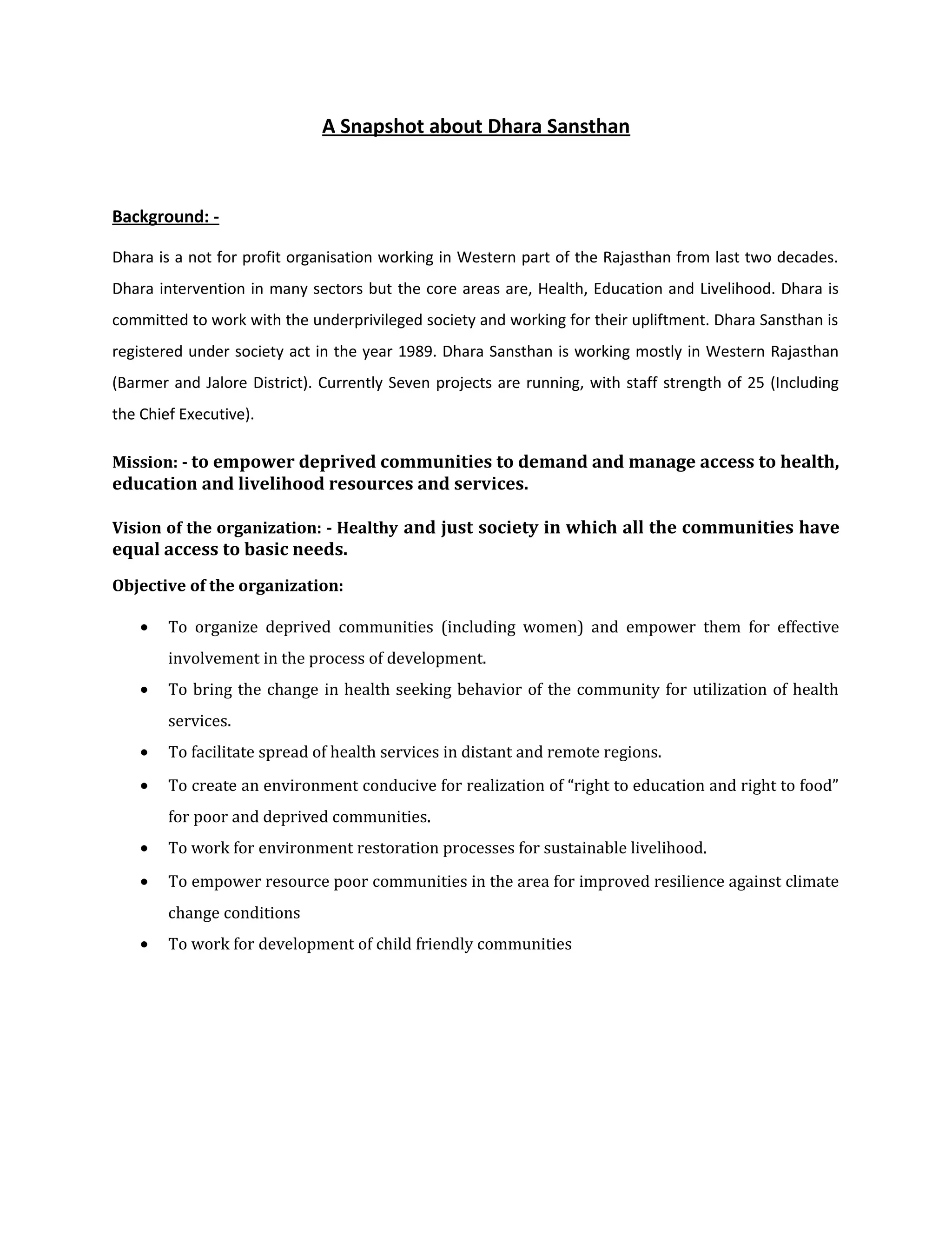 A snapshot about dhara sansthan | DOC