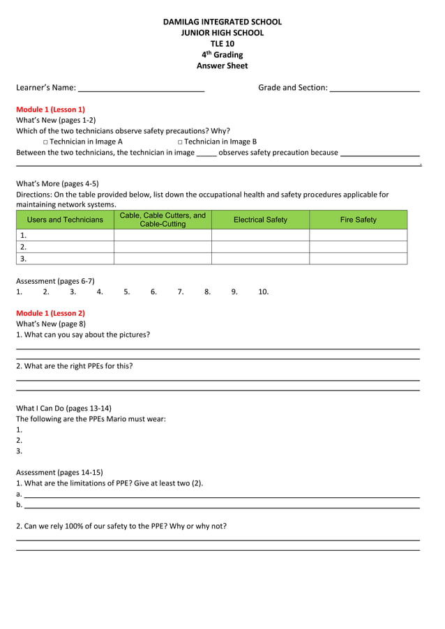 Answer Sheet for TLE 10 CSS 4th Quarter.pdf | Educational Assessment | Education