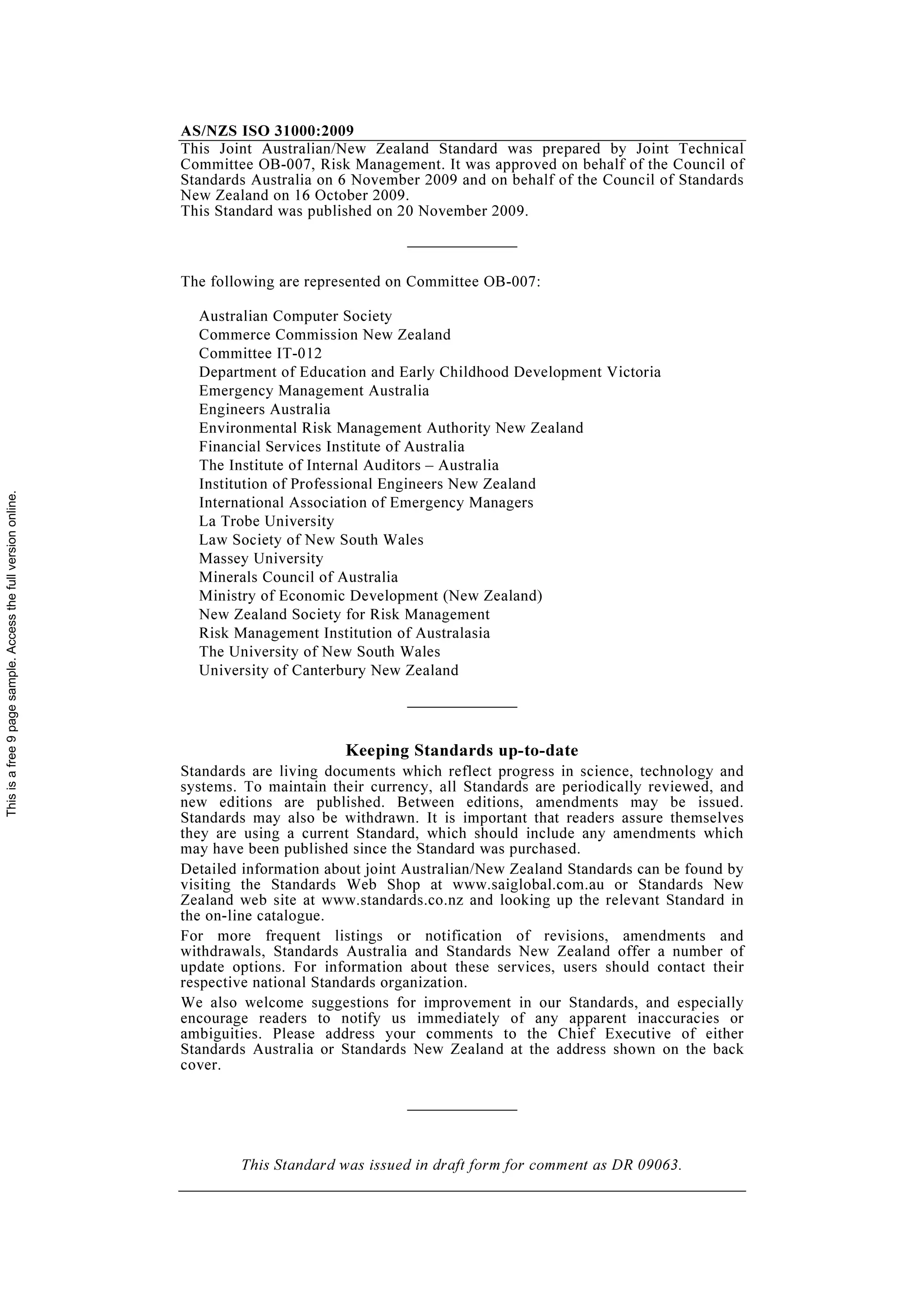 As nzs iso 31000 2009 risk management - principles and guidelines | PDF