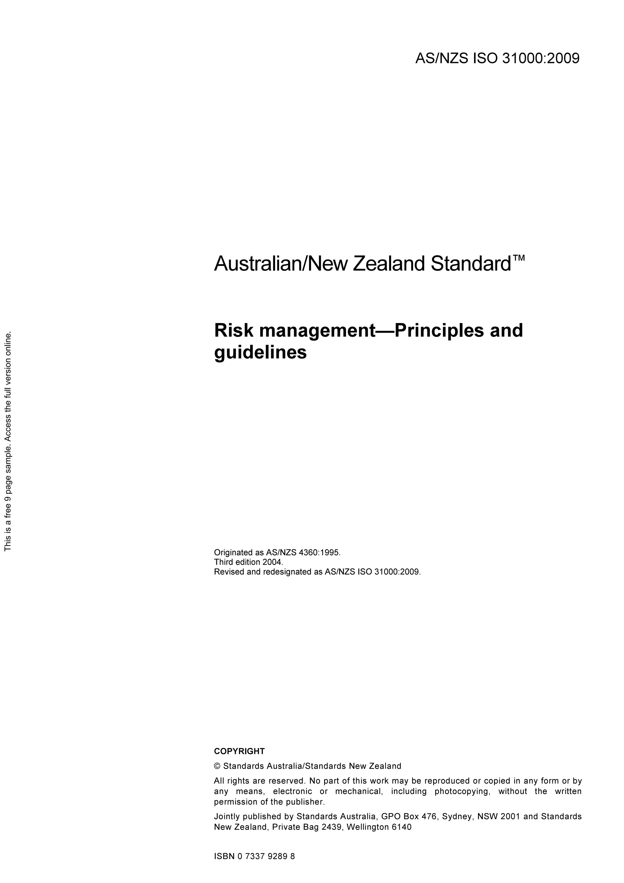 As nzs iso 31000 2009 risk management - principles and guidelines | PDF