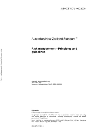 As nzs iso 31000 2009 risk management - principles and guidelines | PDF