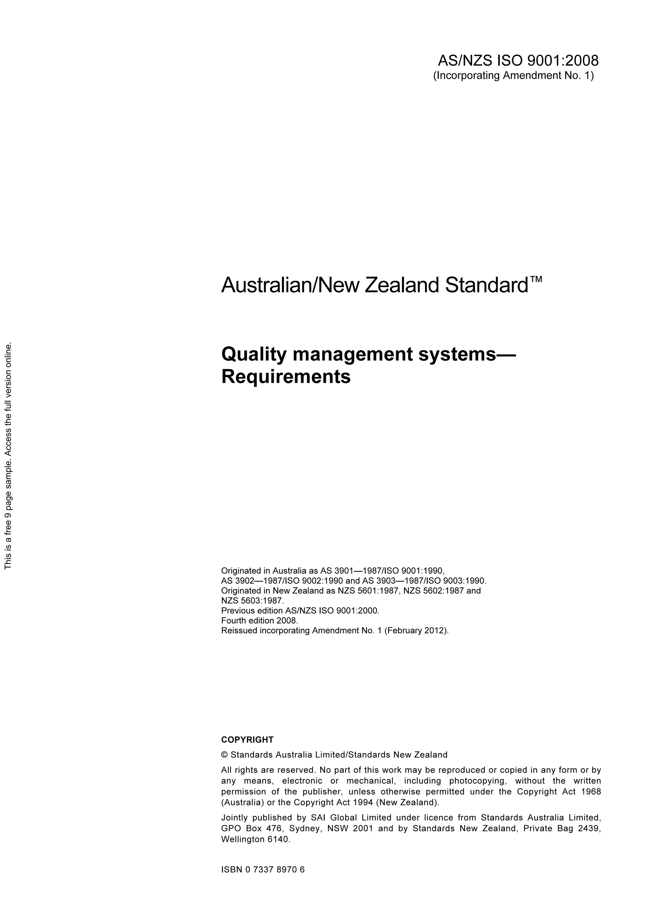 As nzs iso 9001 2008 quality management systems - requirements | PDF