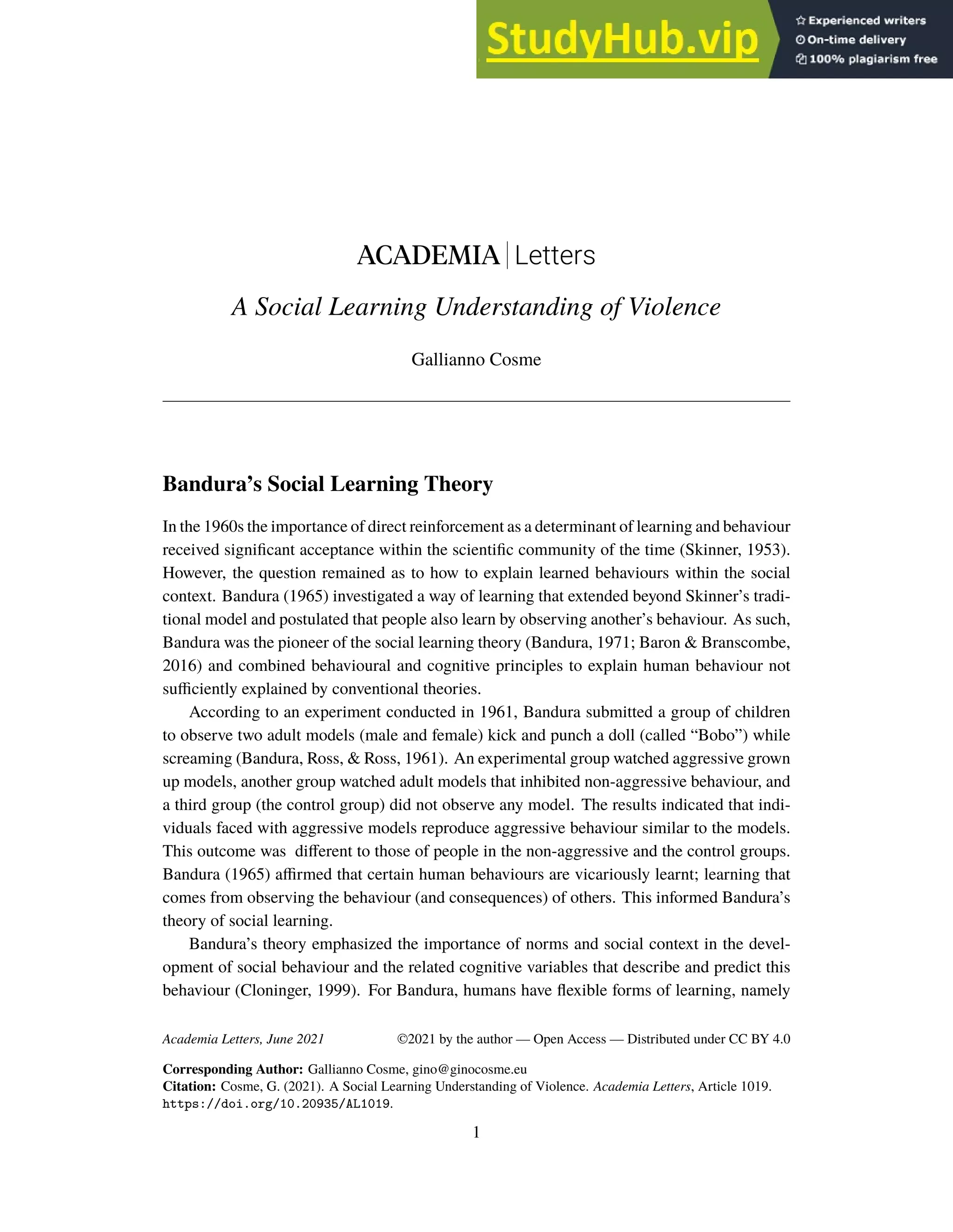 A Social Learning Understanding Of Violence | PDF