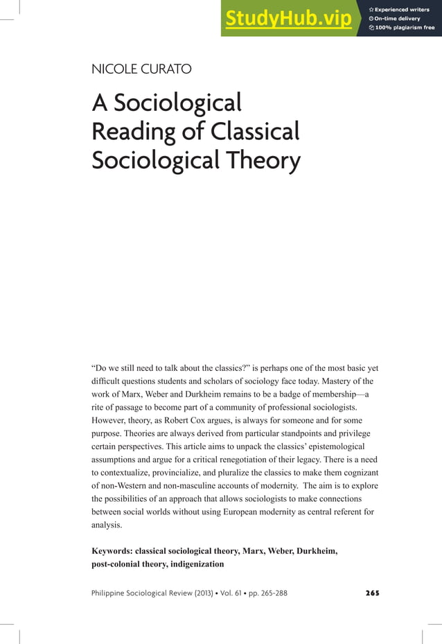 A Sociological Reading Of Classical Sociological Theory | PDF
