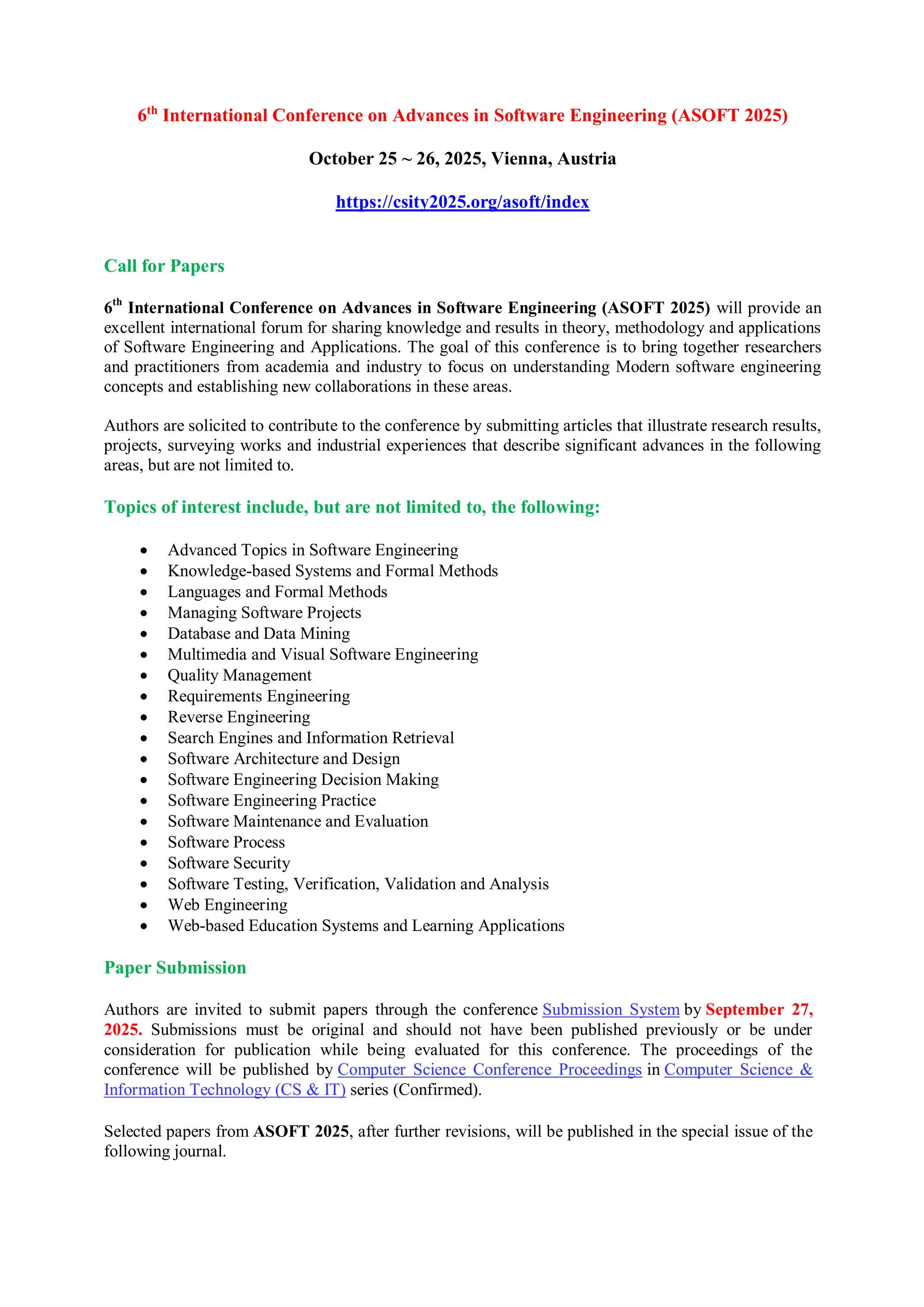 6th International Conference on Advances in Software Engineering (ASOFT ...