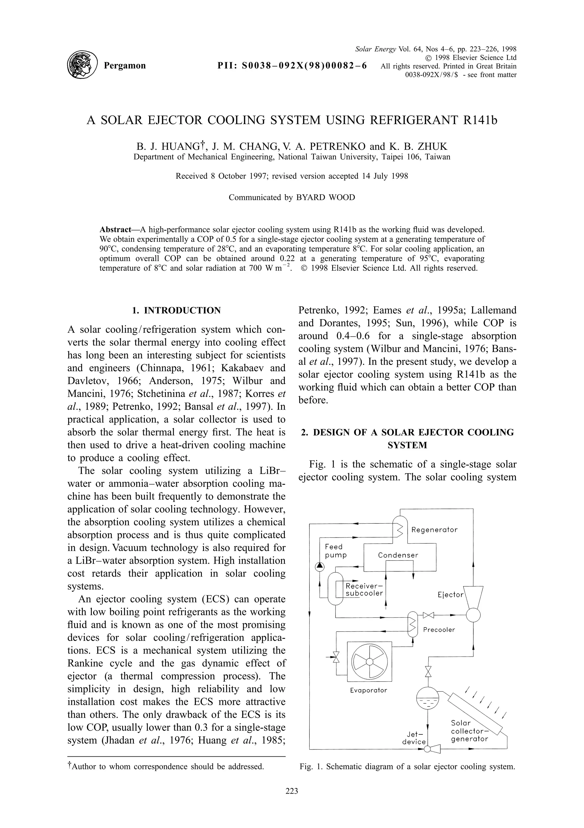 A solar ejector cooling system using refrigerant r141b | PDF