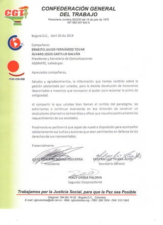 Carta de respaldo de la CGT Nacional a ASOMATE | PDF