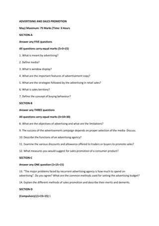 Advertising and sales promotion question paper | DOCX