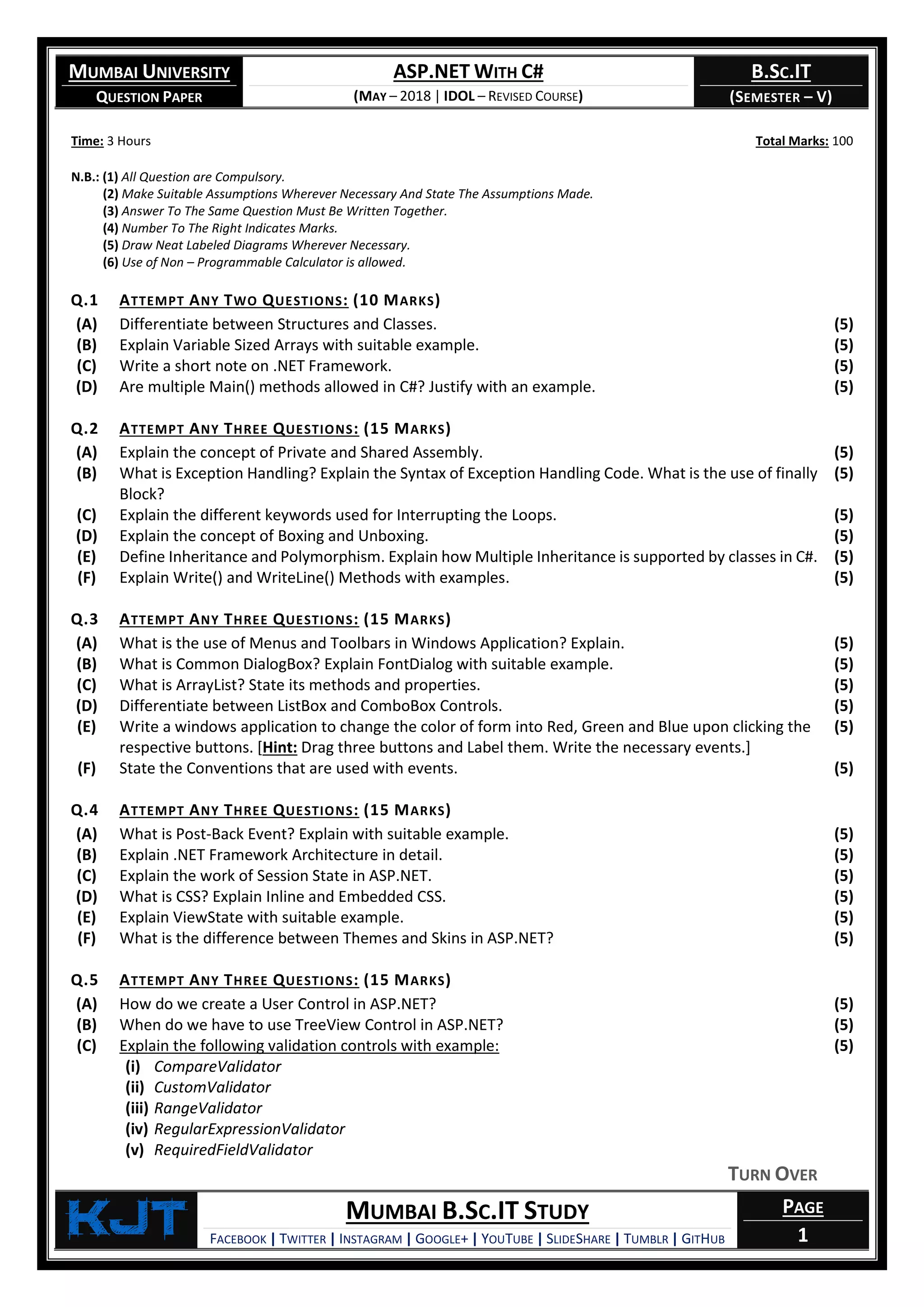 ASP.NET With C# (May – 2018) [IDOL: Revised Course | Question Paper] | PDF