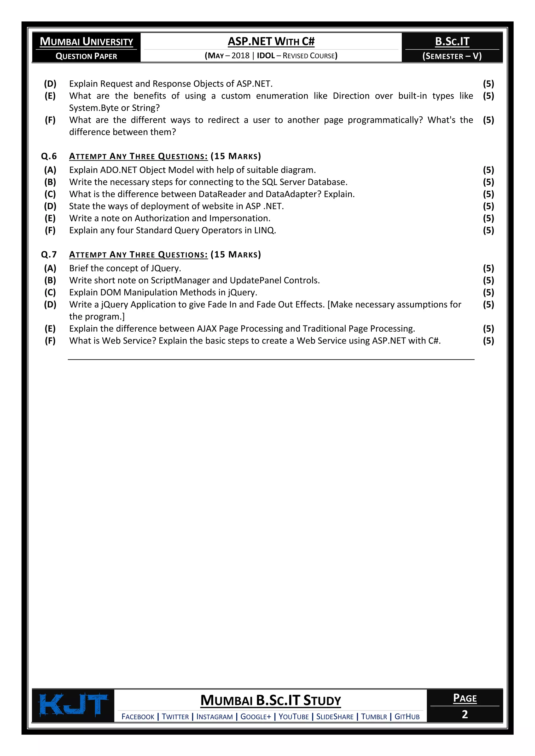 ASP.NET With C# (May – 2018) [IDOL: Revised Course | Question Paper] | PDF
