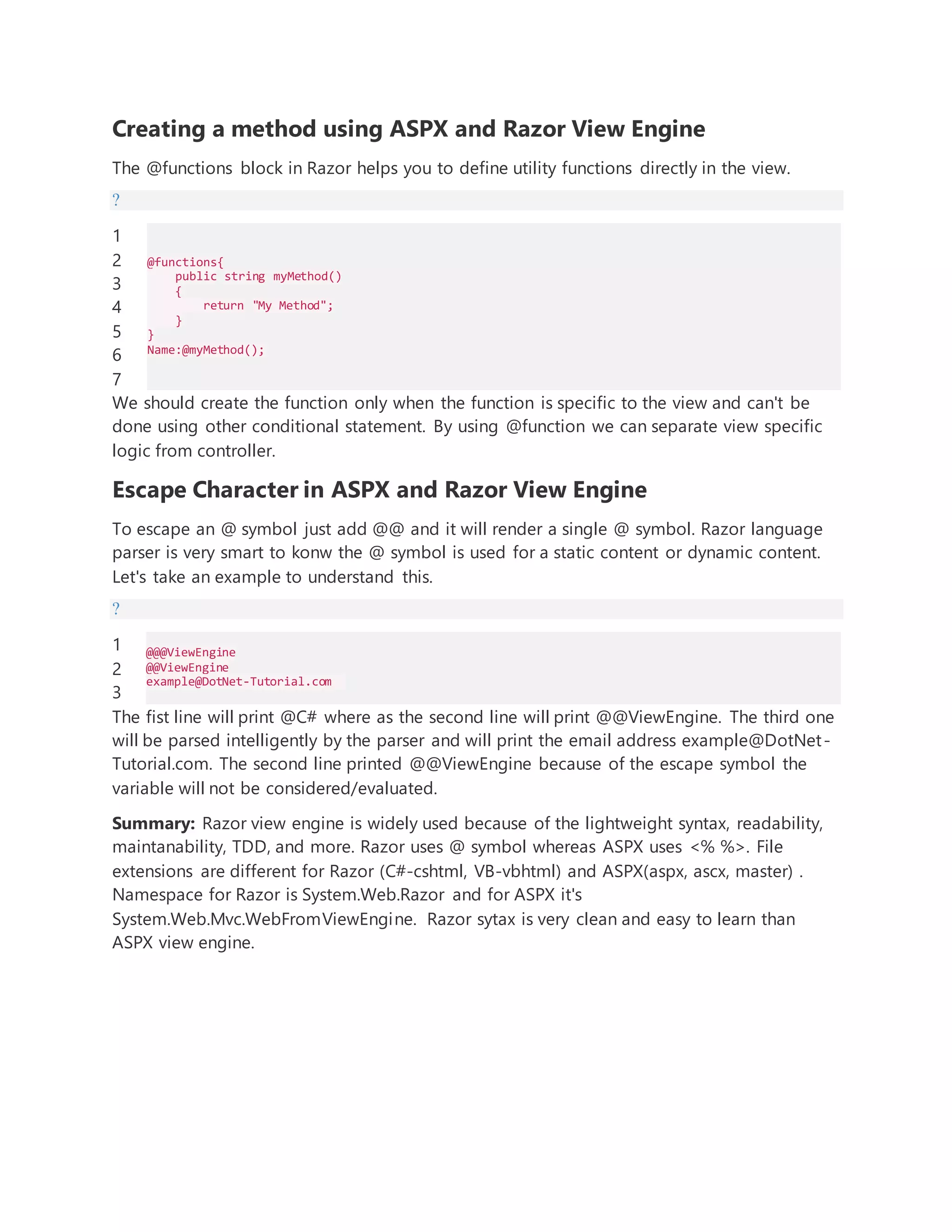 Asp 4 Razor Introduction Of View Engine Pdf Web Design And Html Internet