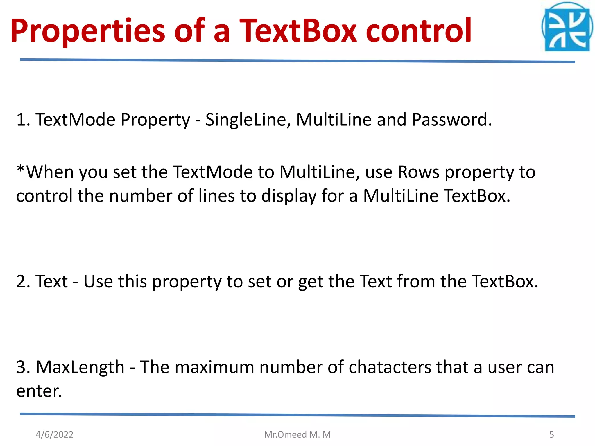 Asp.net textbox control | PPT