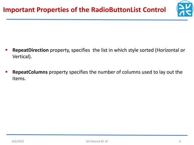 Asp.net RadiobuttonList control | PPT