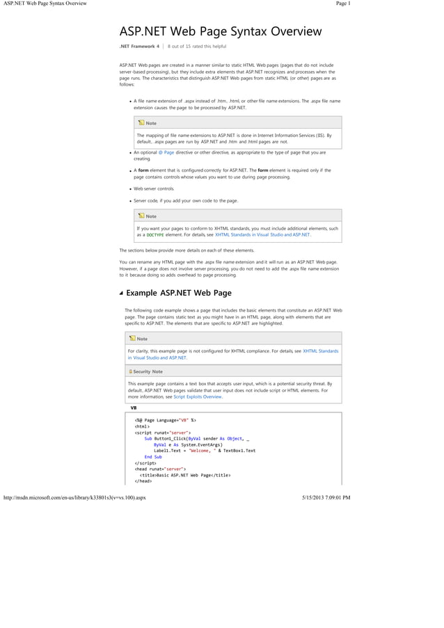 Asp.net web page syntax overview | PDF