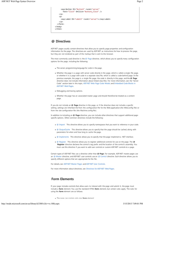 Asp.net web page syntax overview | PDF