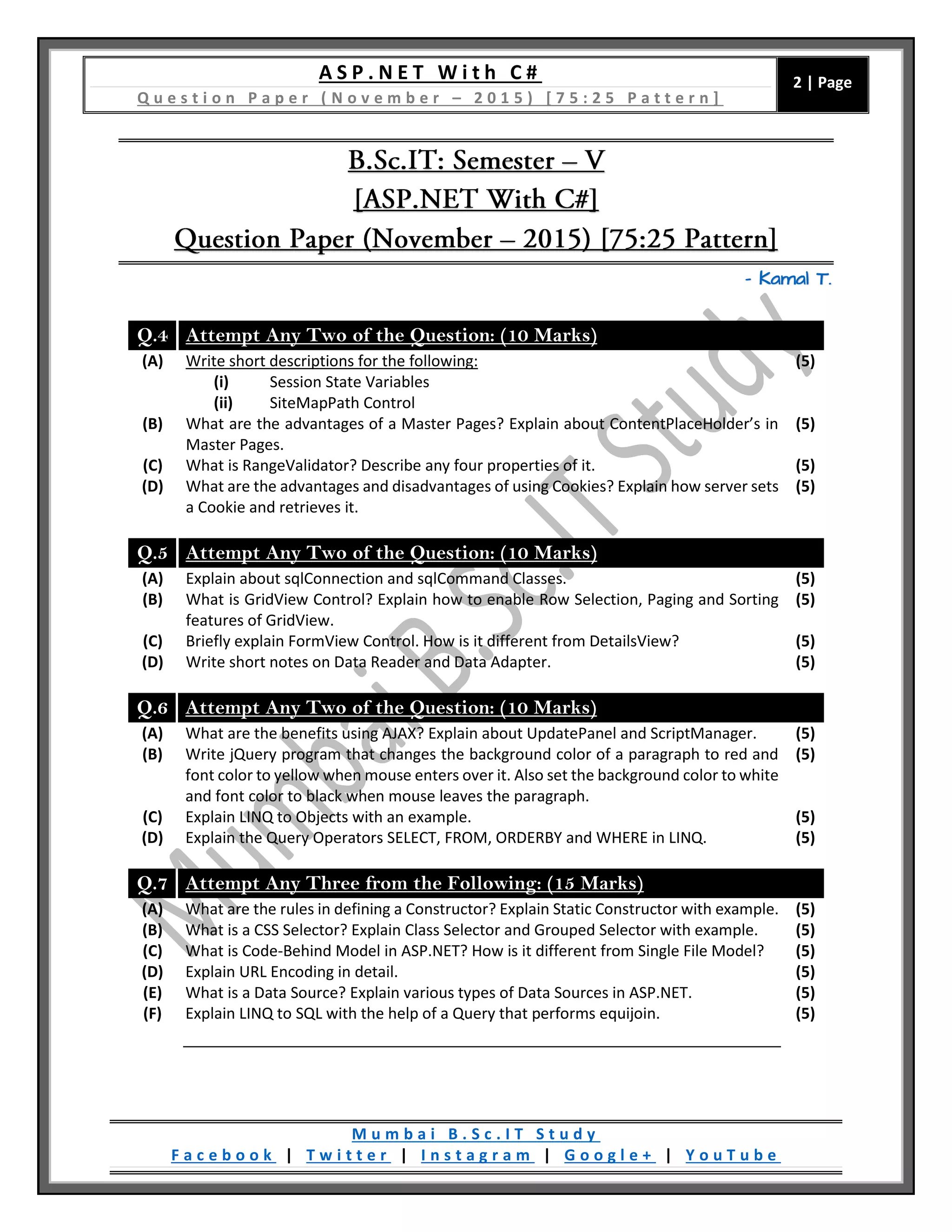 [Question Paper] ASP.NET With C# (75:25 Pattern) [November / 2015] | PDF