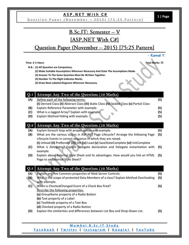 [Question Paper] ASP.NET With C# (75:25 Pattern) [November / 2015] | PDF
