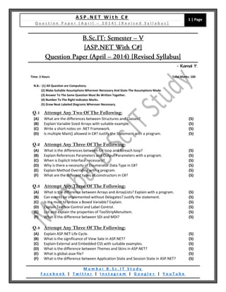 ASP.NET With C# (Revised Syllabus) [QP / April - 2014] | PDF