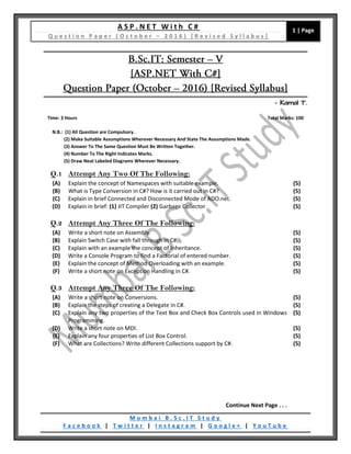 ASP.NET With C# (Revised Syllabus) [QP / October - 2016] | PDF