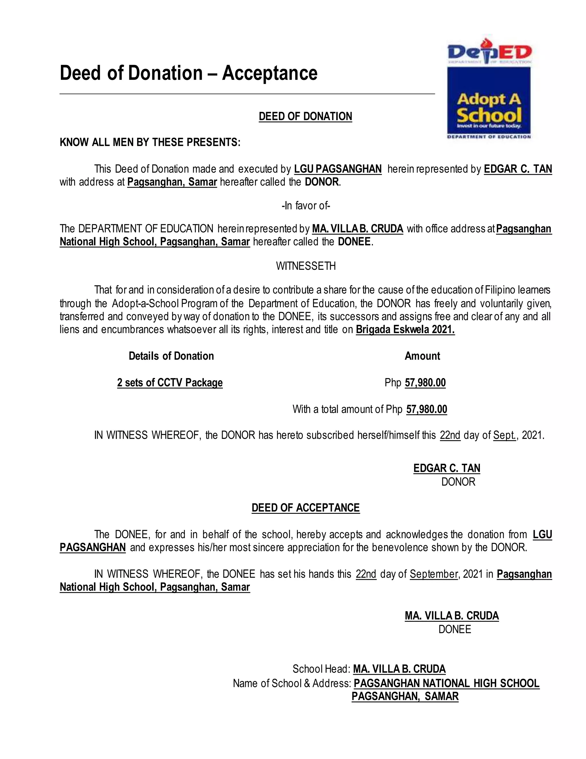 Asp deed of_donation_brigada_eskwela_2021_cctv mayor | DOCX