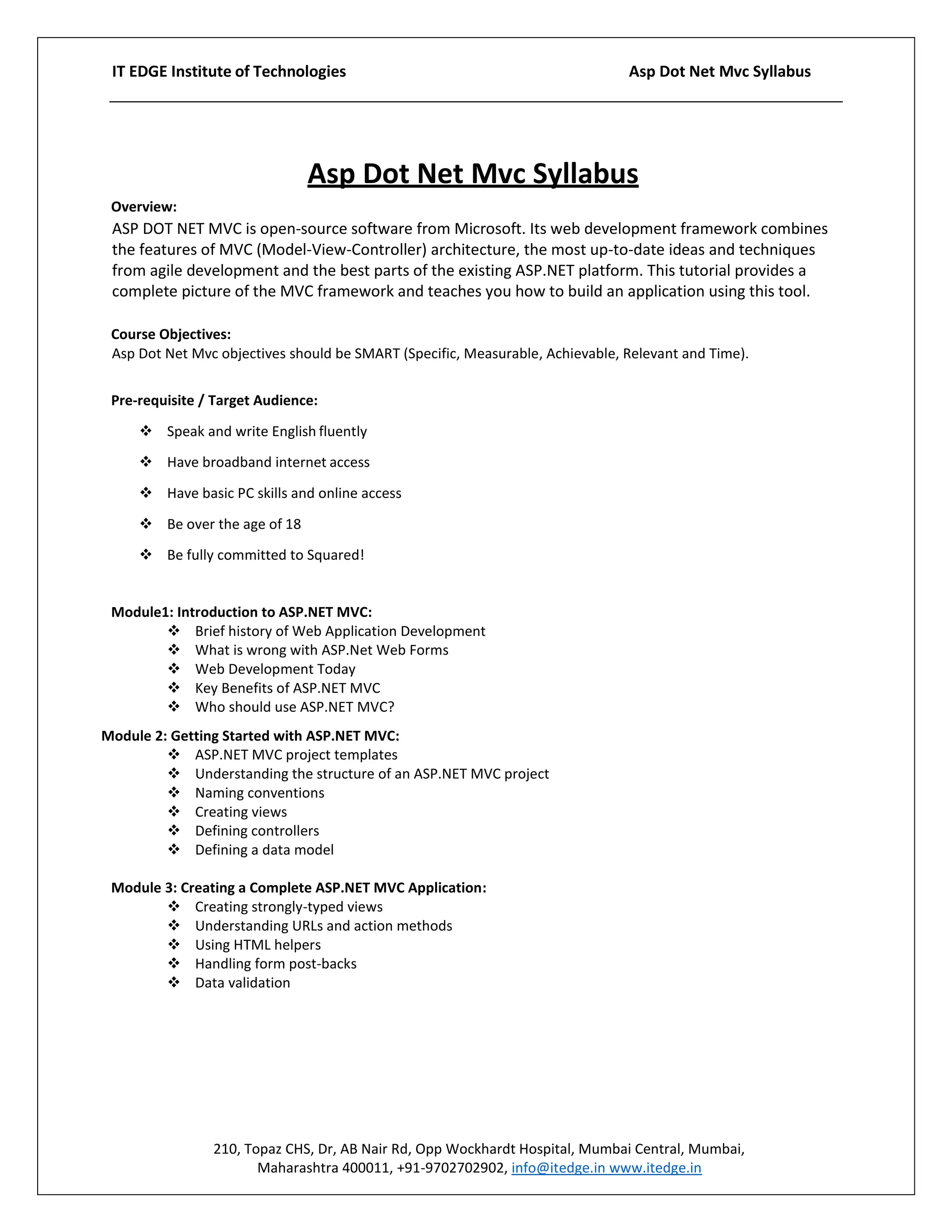 Asp Dot Net Mvc Syllabus Pdf