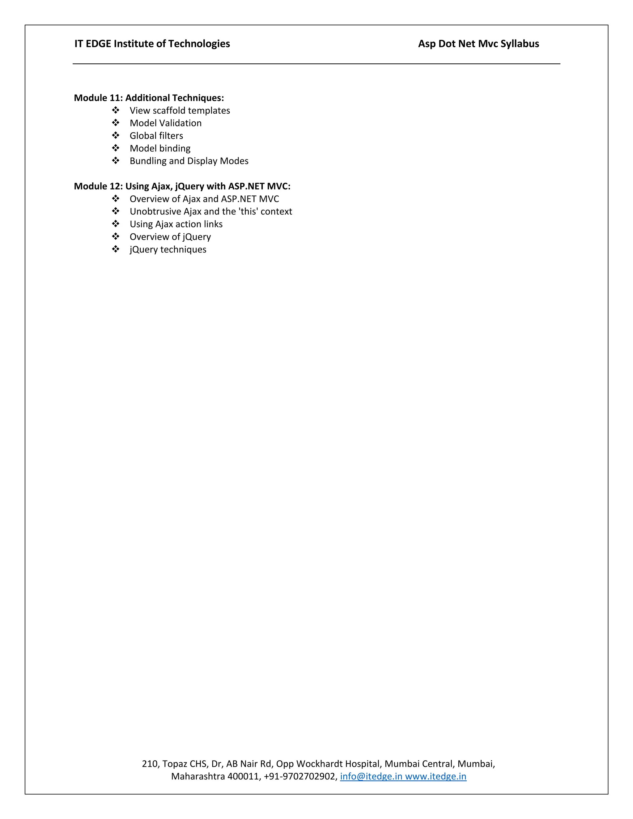 Asp Dot Net Mvc Syllabus Pdf