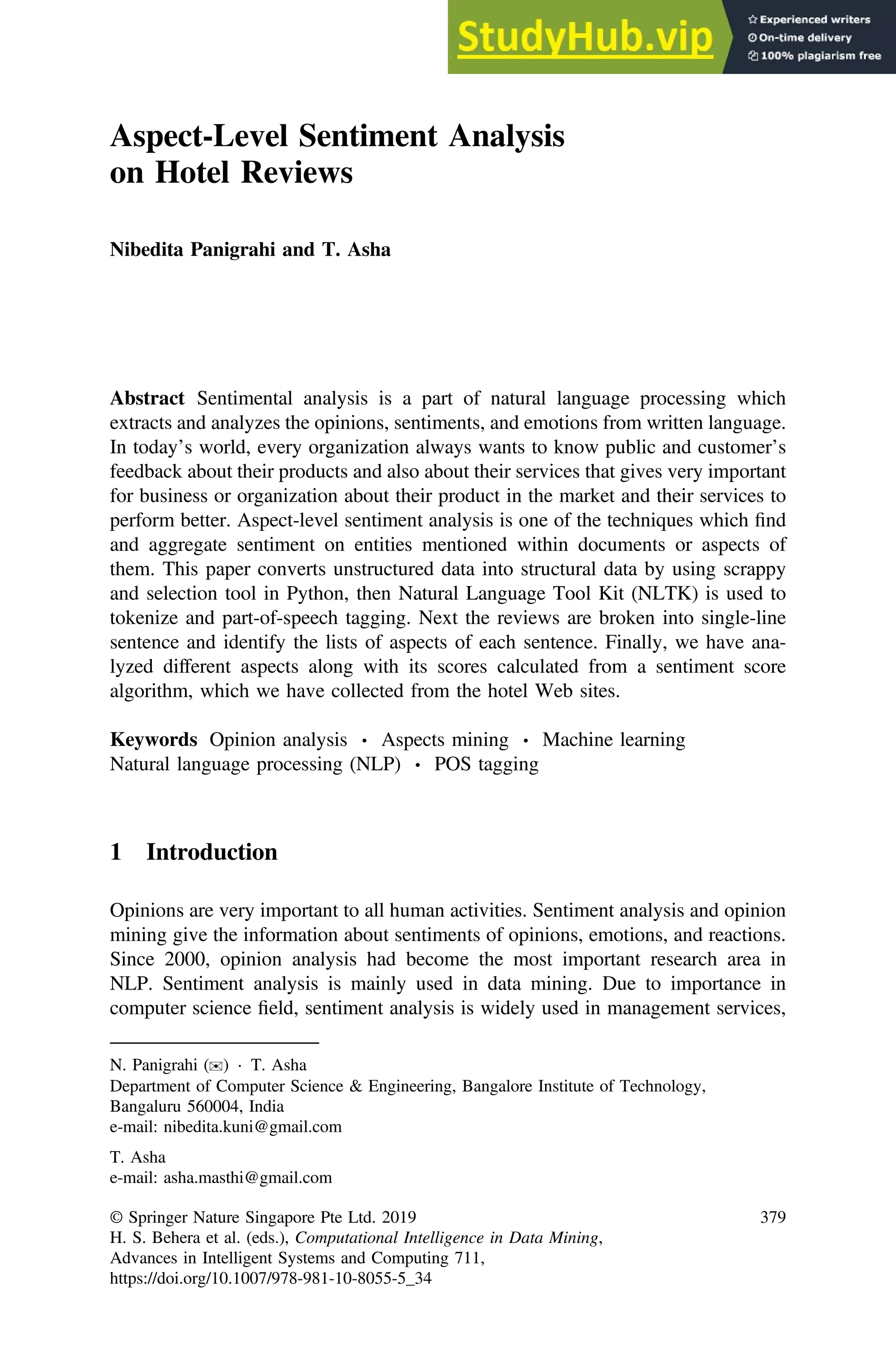 Aspect-Level Sentiment Analysis On Hotel Reviews | PDF