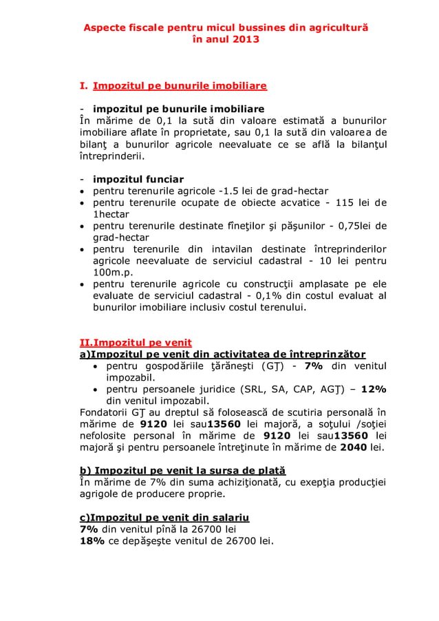 Aspecte fiscale pentru micul business in agricultura (Republica Moldova, 2013) | PDF