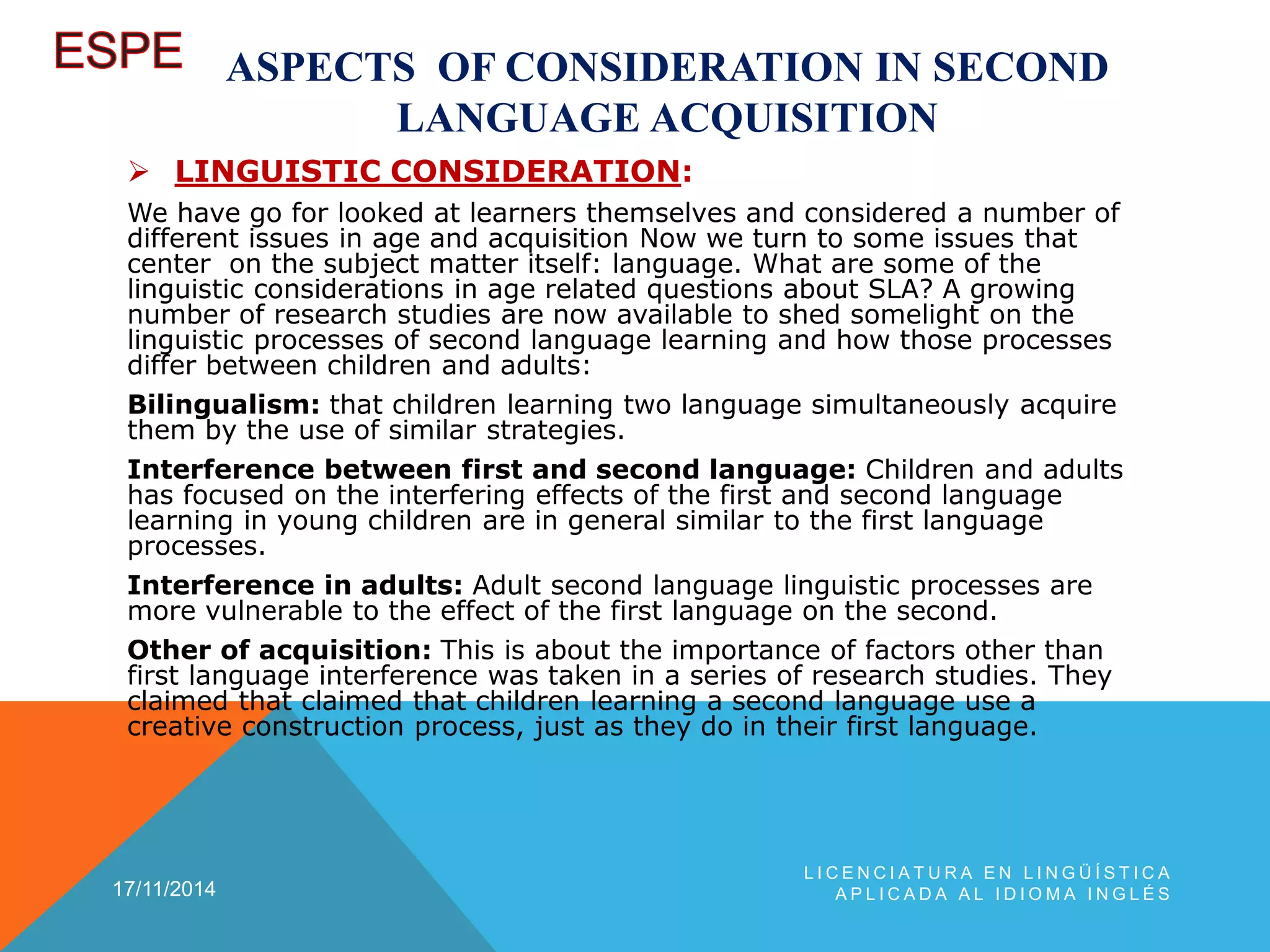 Aspects of consideration in second language acquisition | PPTX