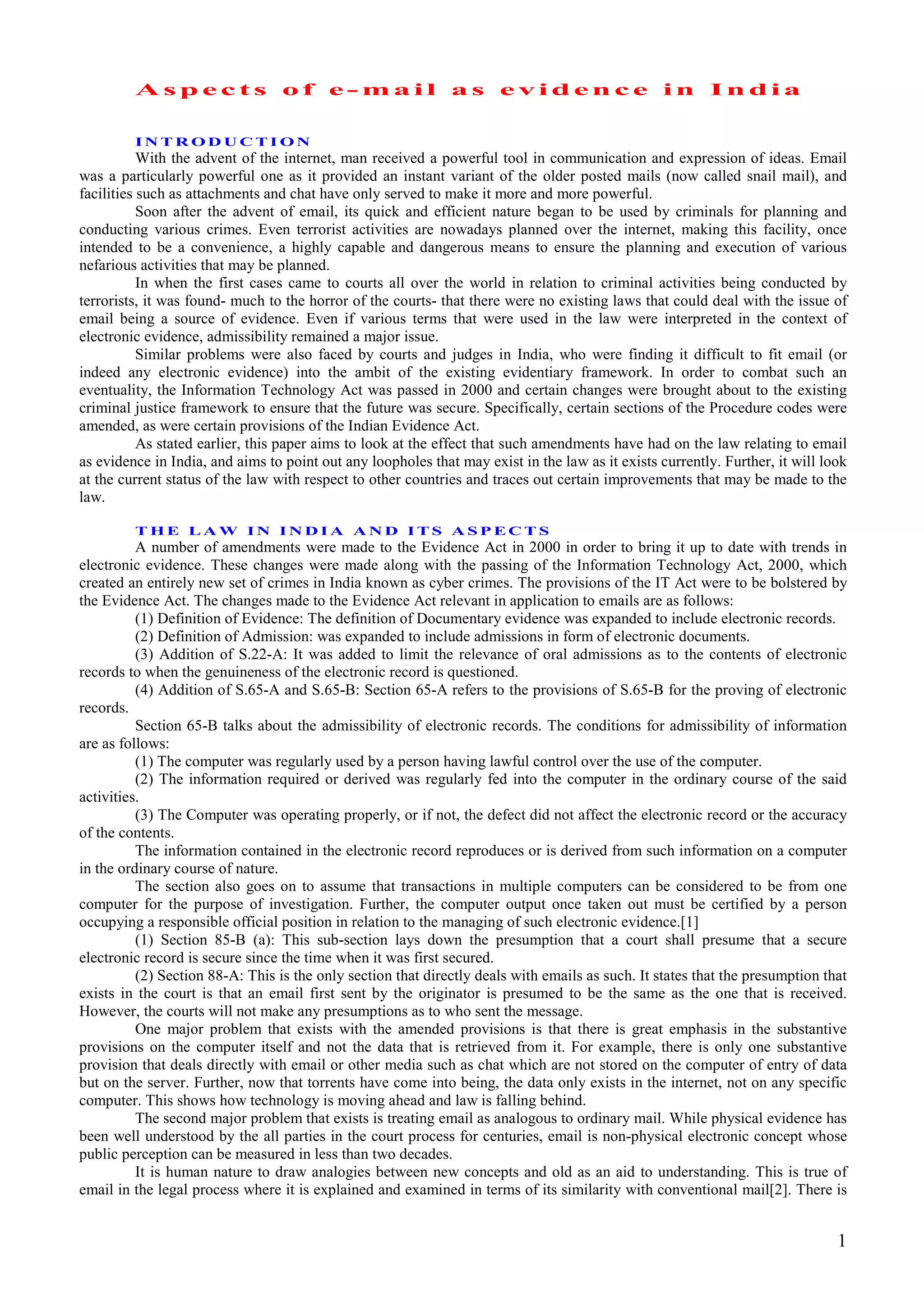 Aspects Of E Mail As Evidence In India | PDF
