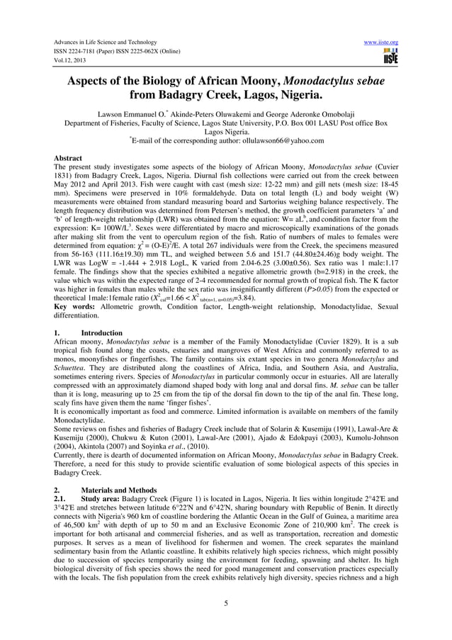 Aspects of the biology of african moony, monodactylus sebae from ...