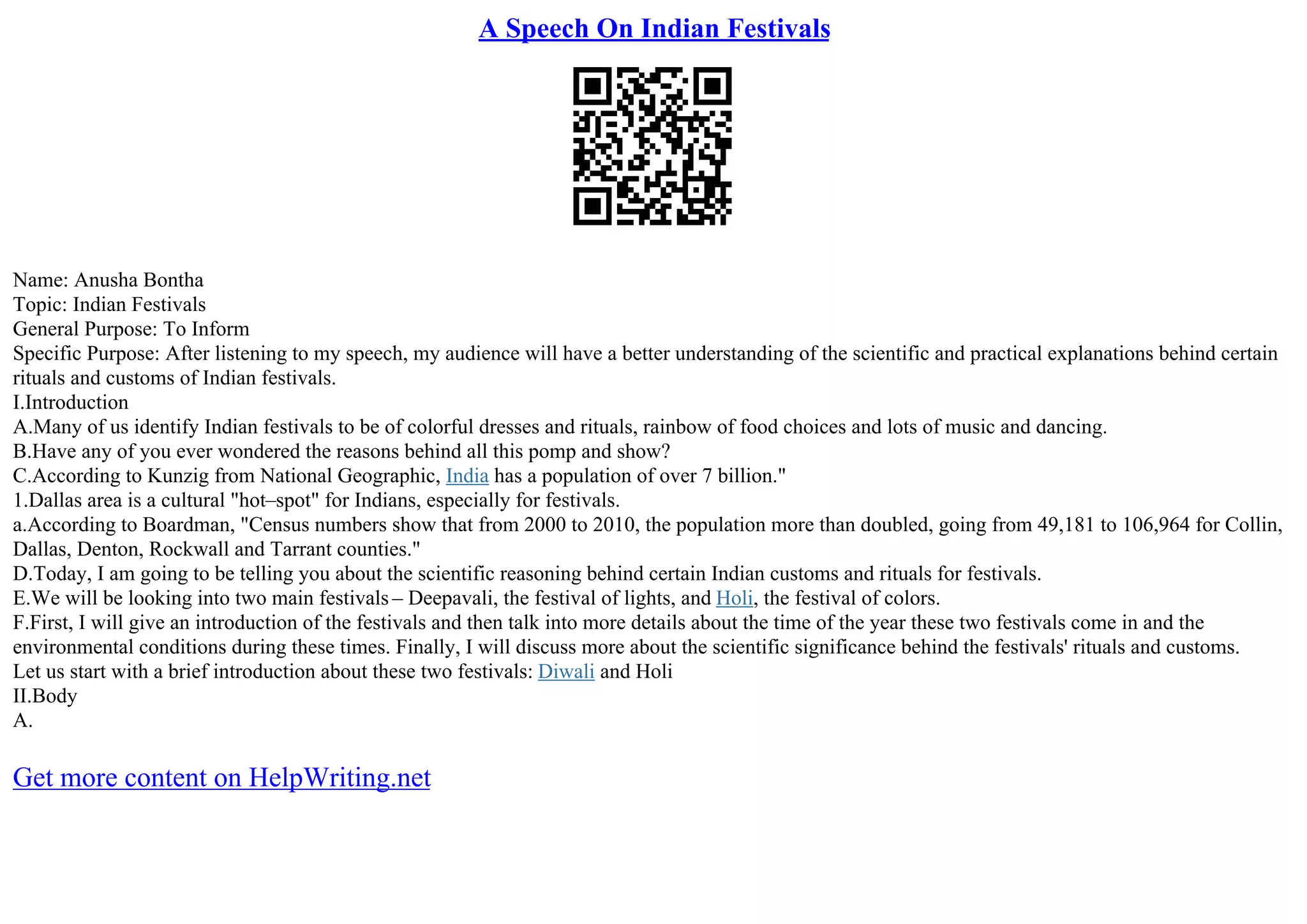 A Speech On Indian Festivals | PDF