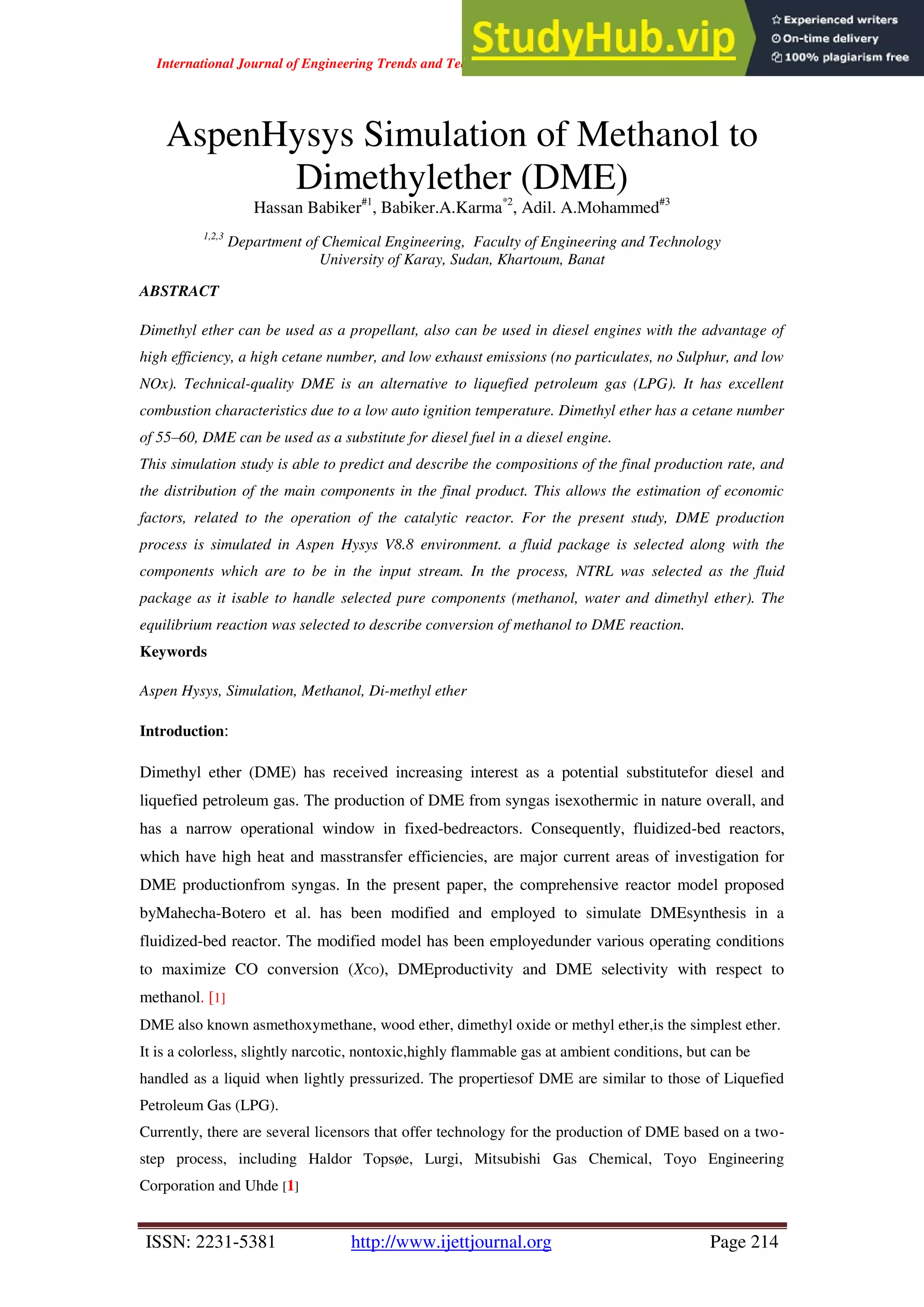 AspenHysys Simulation Of Methanol To Dimethylether (DME | PDF