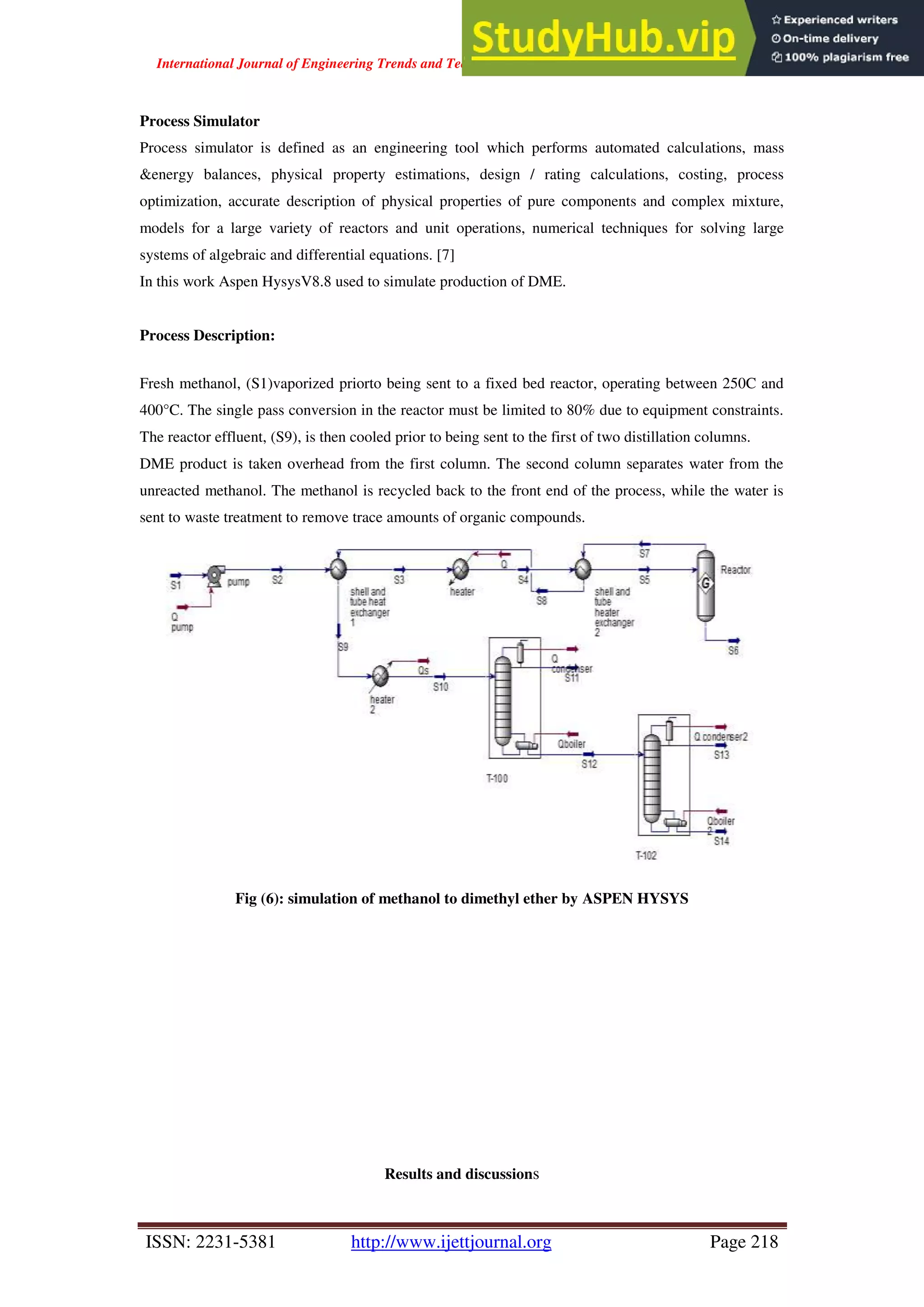 AspenHysys Simulation Of Methanol To Dimethylether (DME | PDF