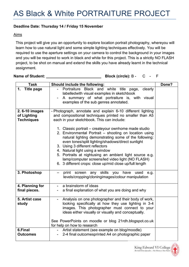 AS Portraiture Assignment Brief 2013 | DOCX | Photography | Arts and Crafts