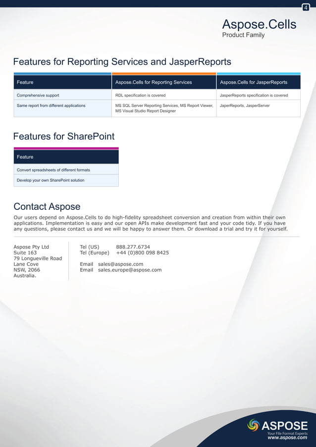 Aspose.Cells Product Family Brochure | PDF | Desktop Publishing | Computer Software and Applications