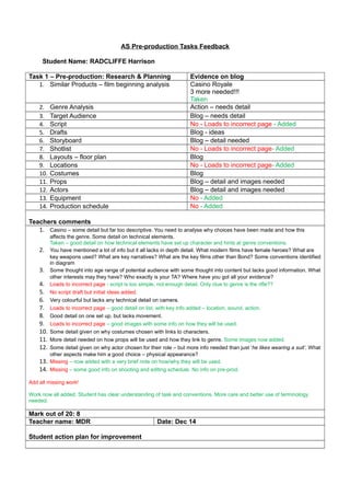 As Pre-production Tasks Feedback Sheet | DOC | Screenwriting | Content Production