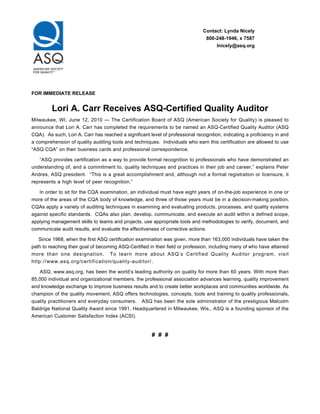 ASQ CQA Press Release Lac Passed | PDF