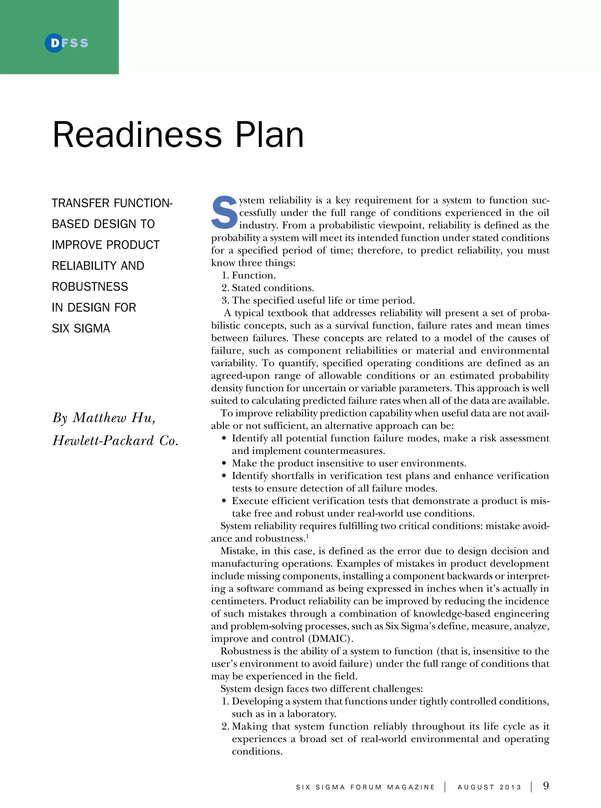 Design for Reliability Readiness Plan in DFSS | PDF