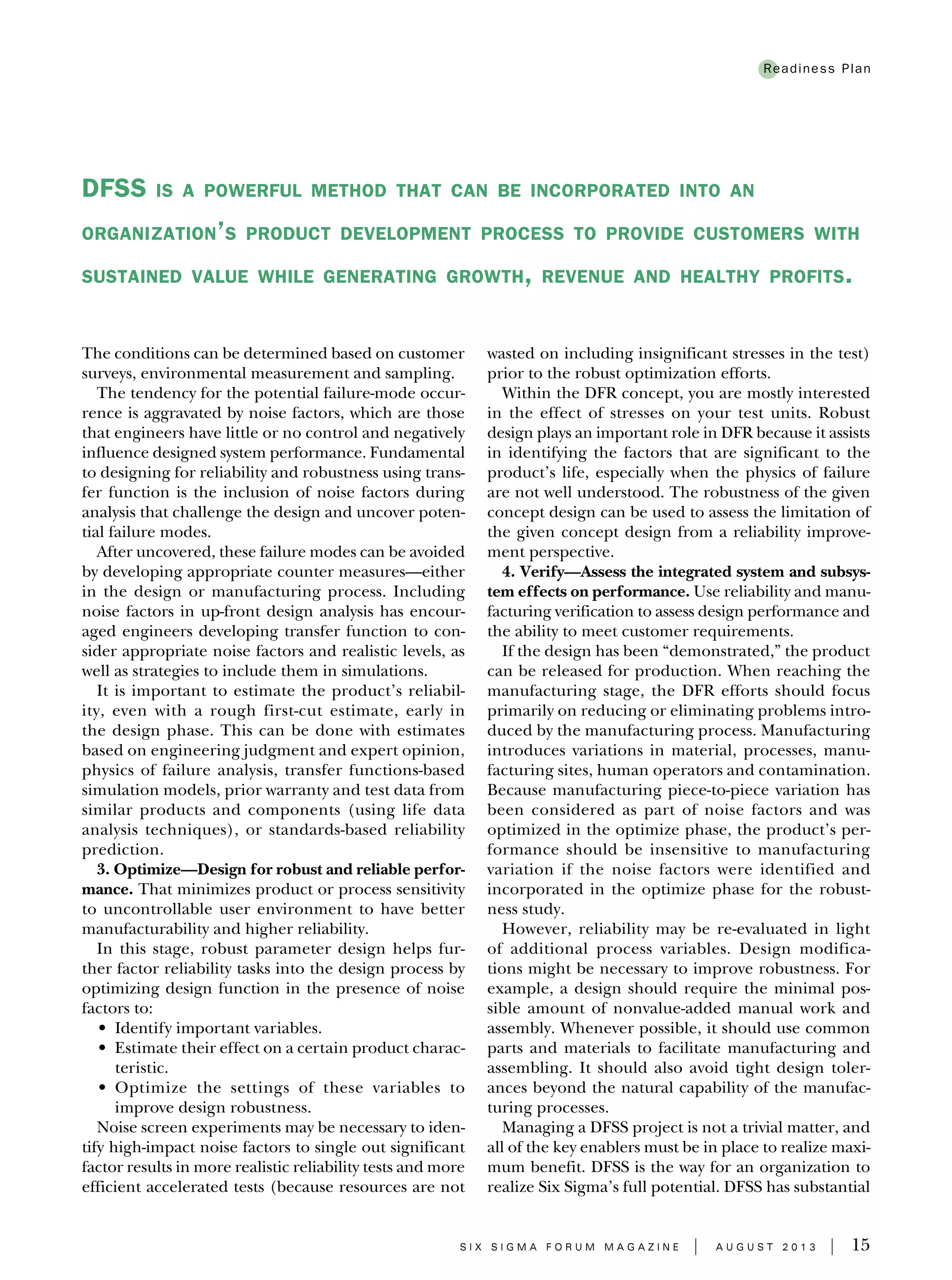 Design for Reliability Readiness Plan in DFSS | PDF