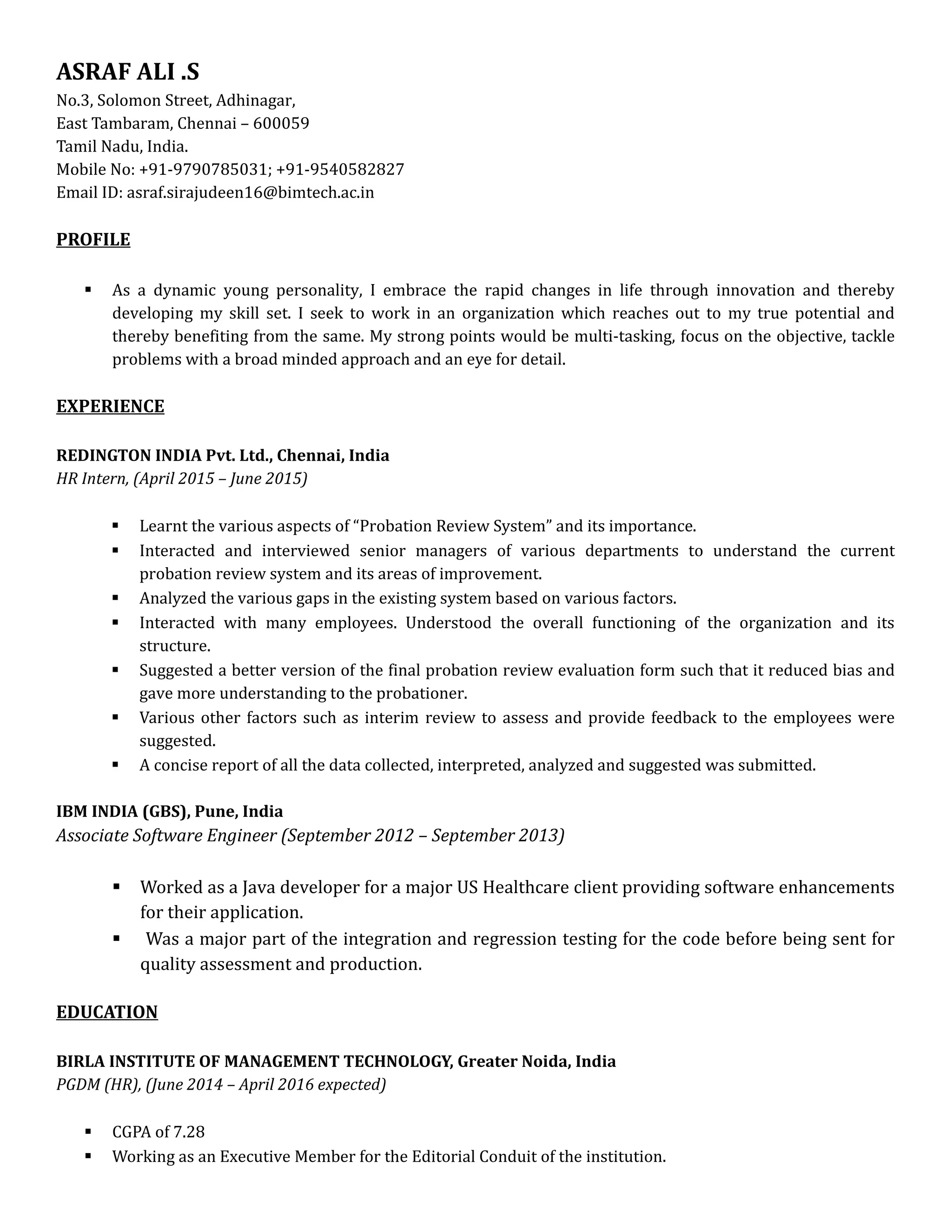 Resume - Asraf Ali Sirajudeen | DOC