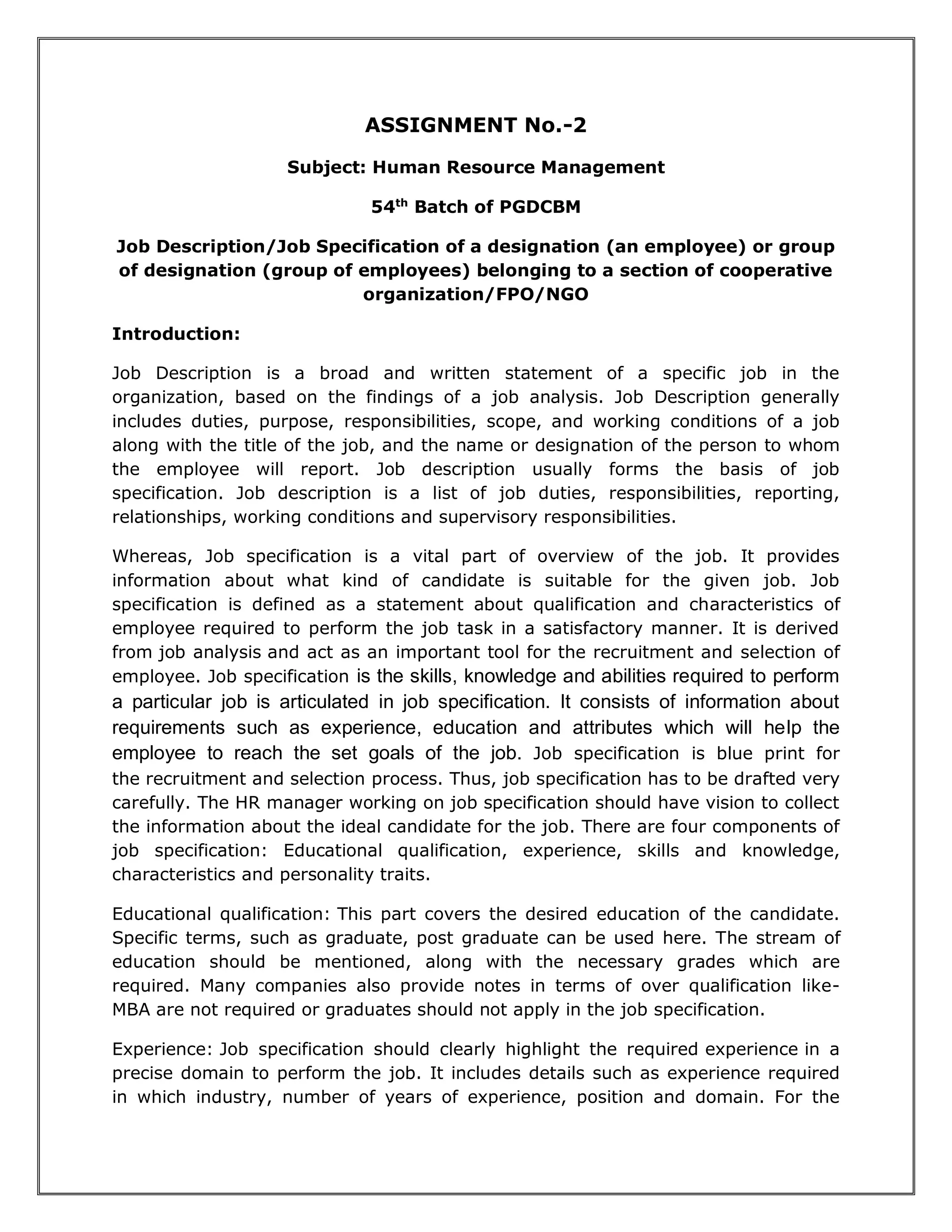 Job Specification & Job Description | PDF | Resume Writing and Advice ...