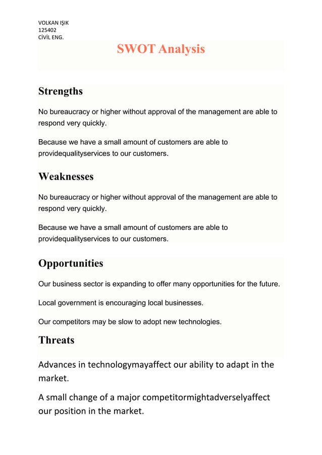 Ass #10 swot analysis for engg437 | DOCX | Civil Engineering Industry | Industries