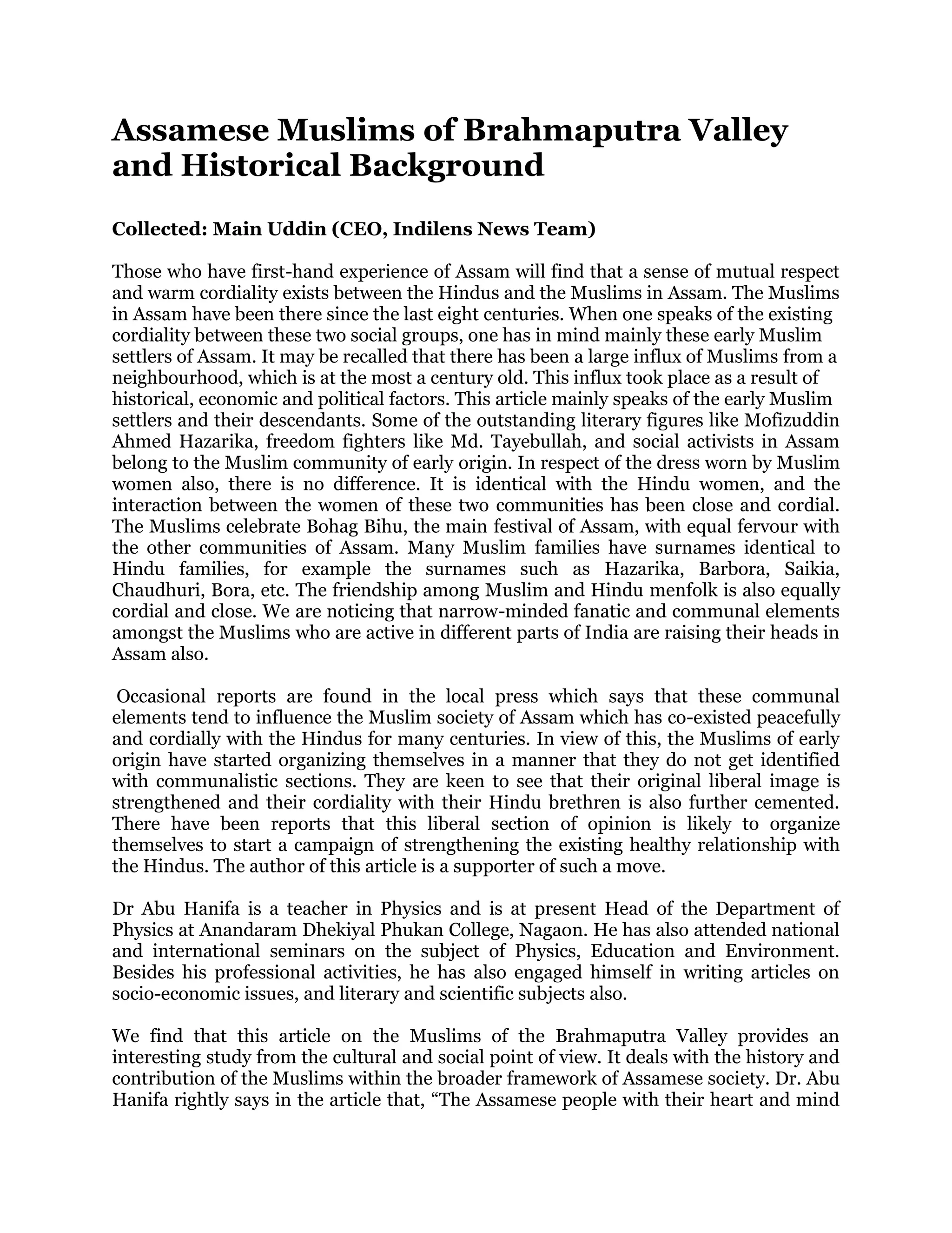Assamese muslims of brahmaputra valley and historical background | PDF