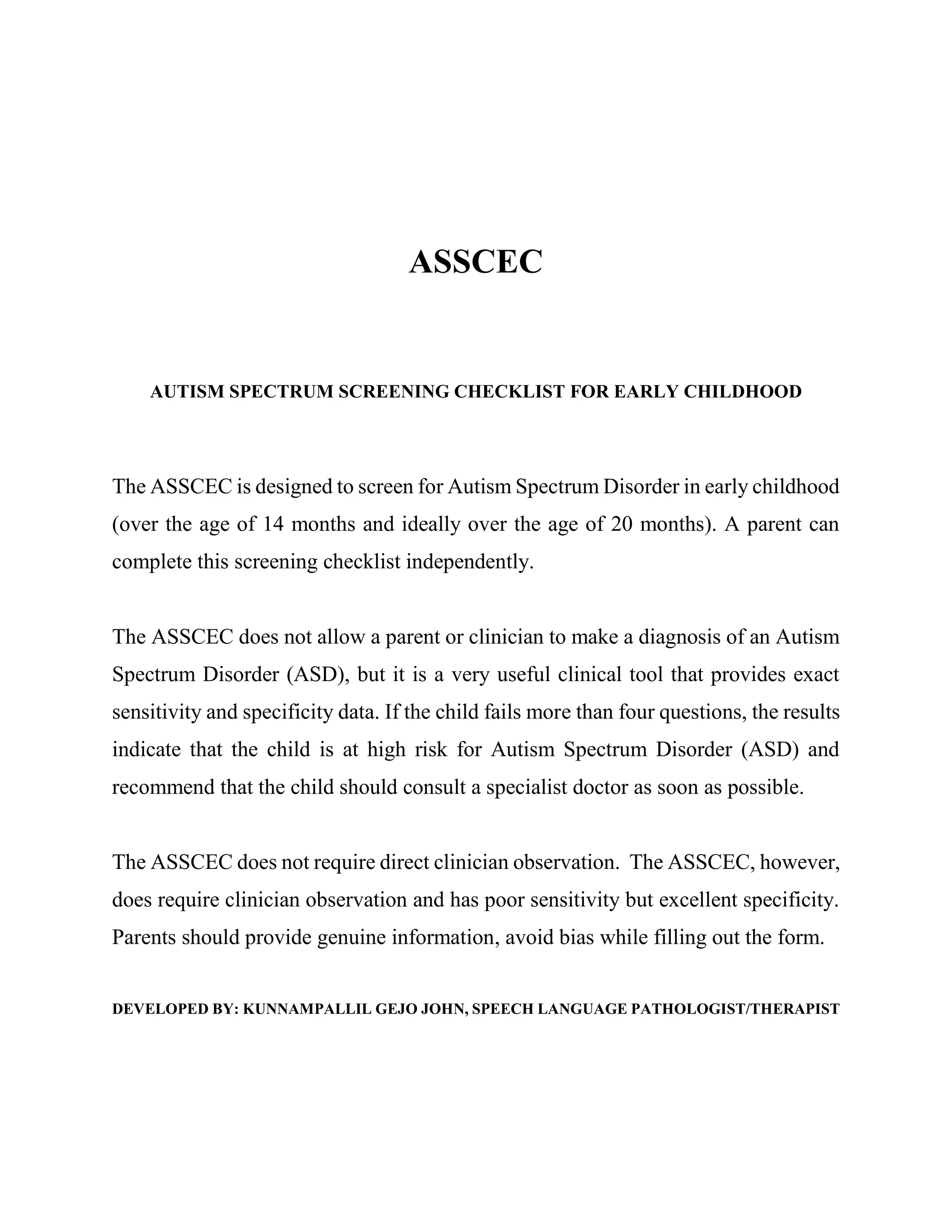 AUTISM SPECTRUM SCREENING CHECKLIST FOR EARLY CHILDHOOD(ASSCEC) | PDF