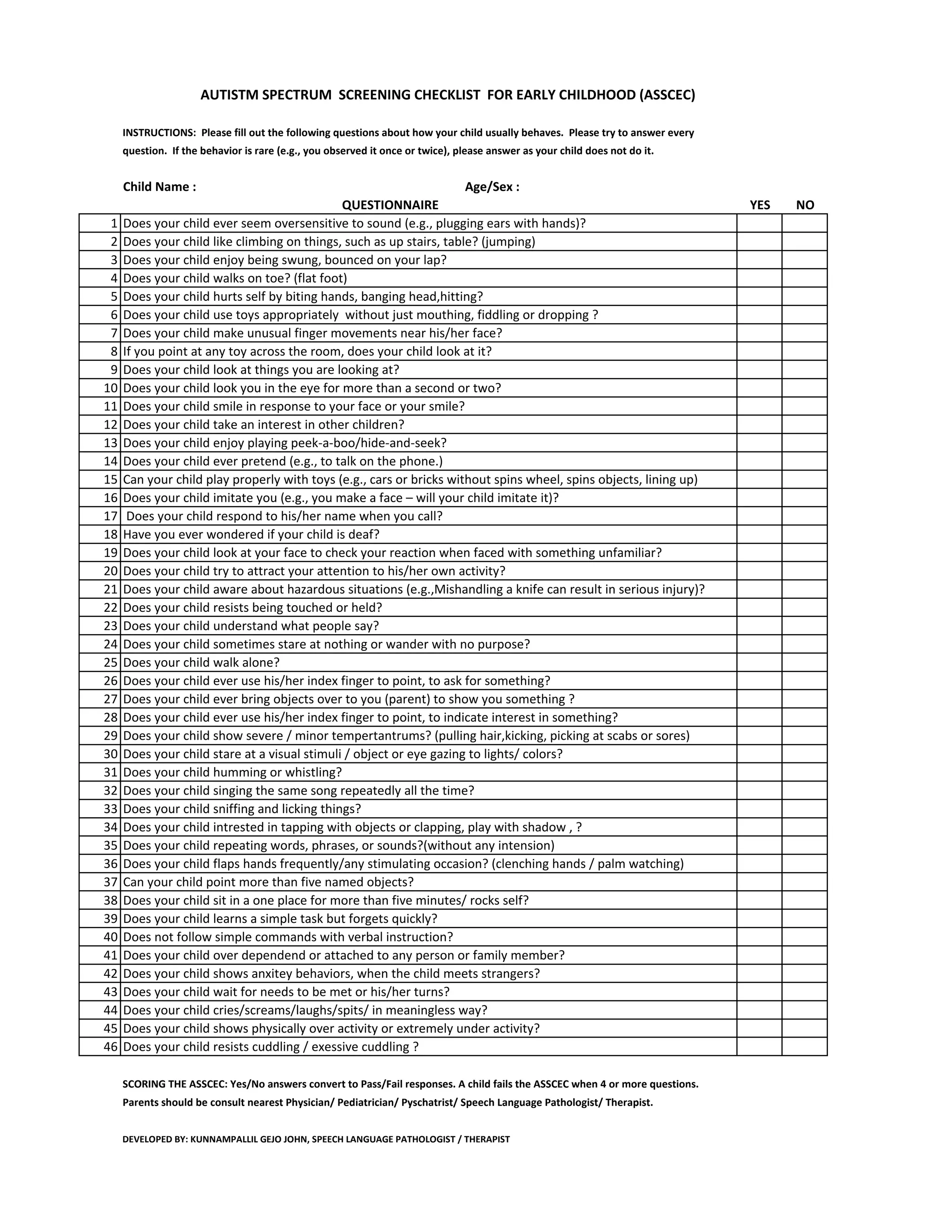 AUTISM SPECTRUM SCREENING CHECKLIST FOR EARLY CHILDHOOD(ASSCEC) | PDF